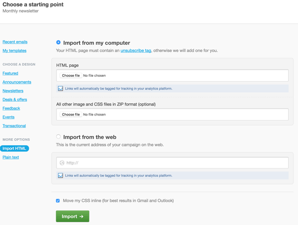 Import custom coded emails from your computer