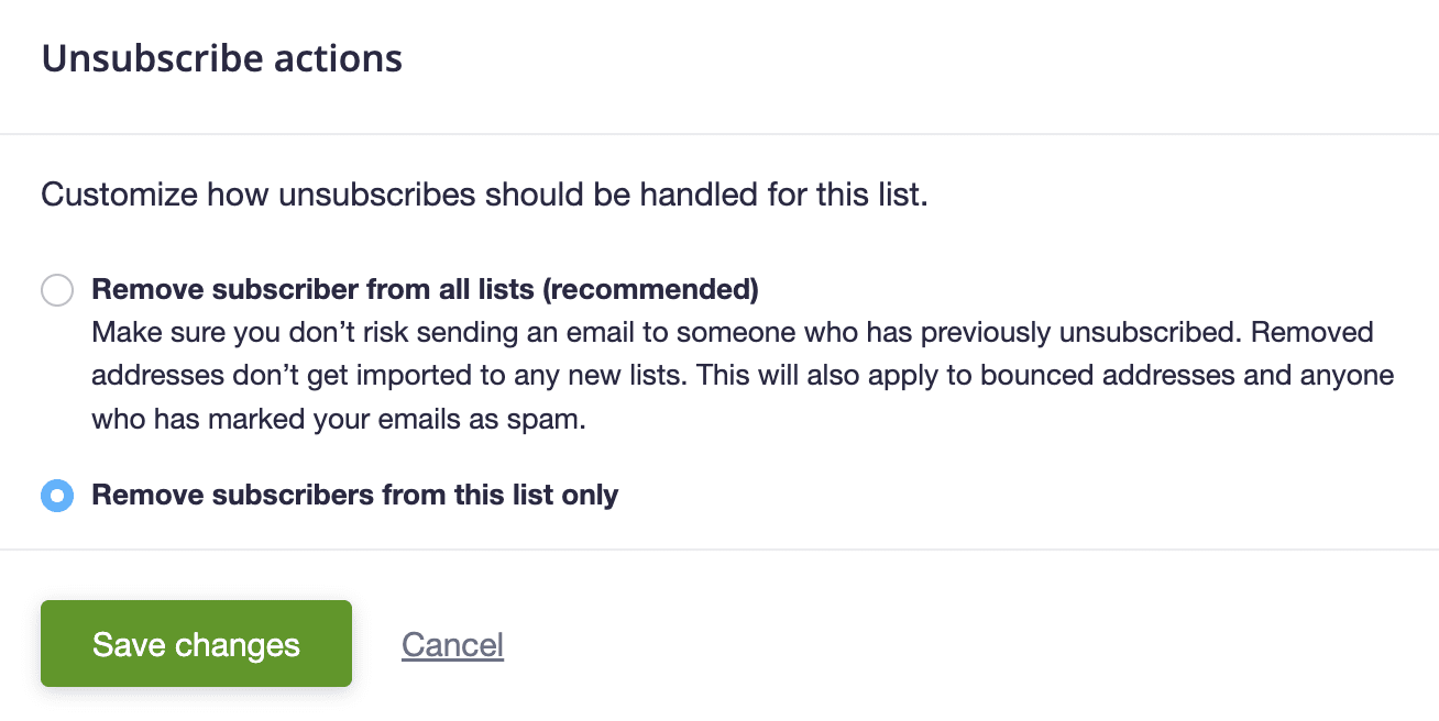Unsubscribe settings for lists
