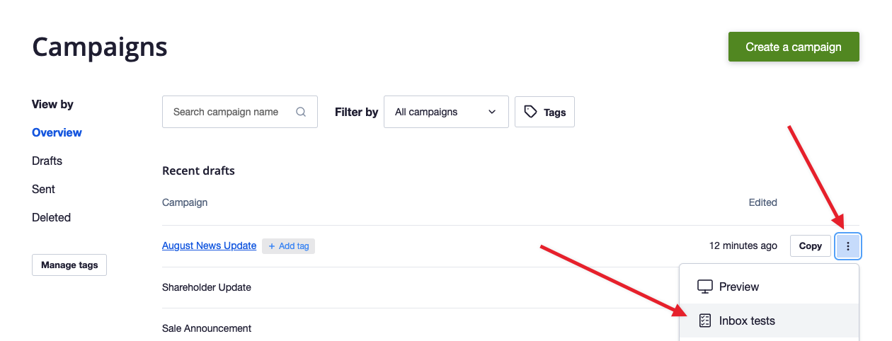 Inbox preview with the design and spam test