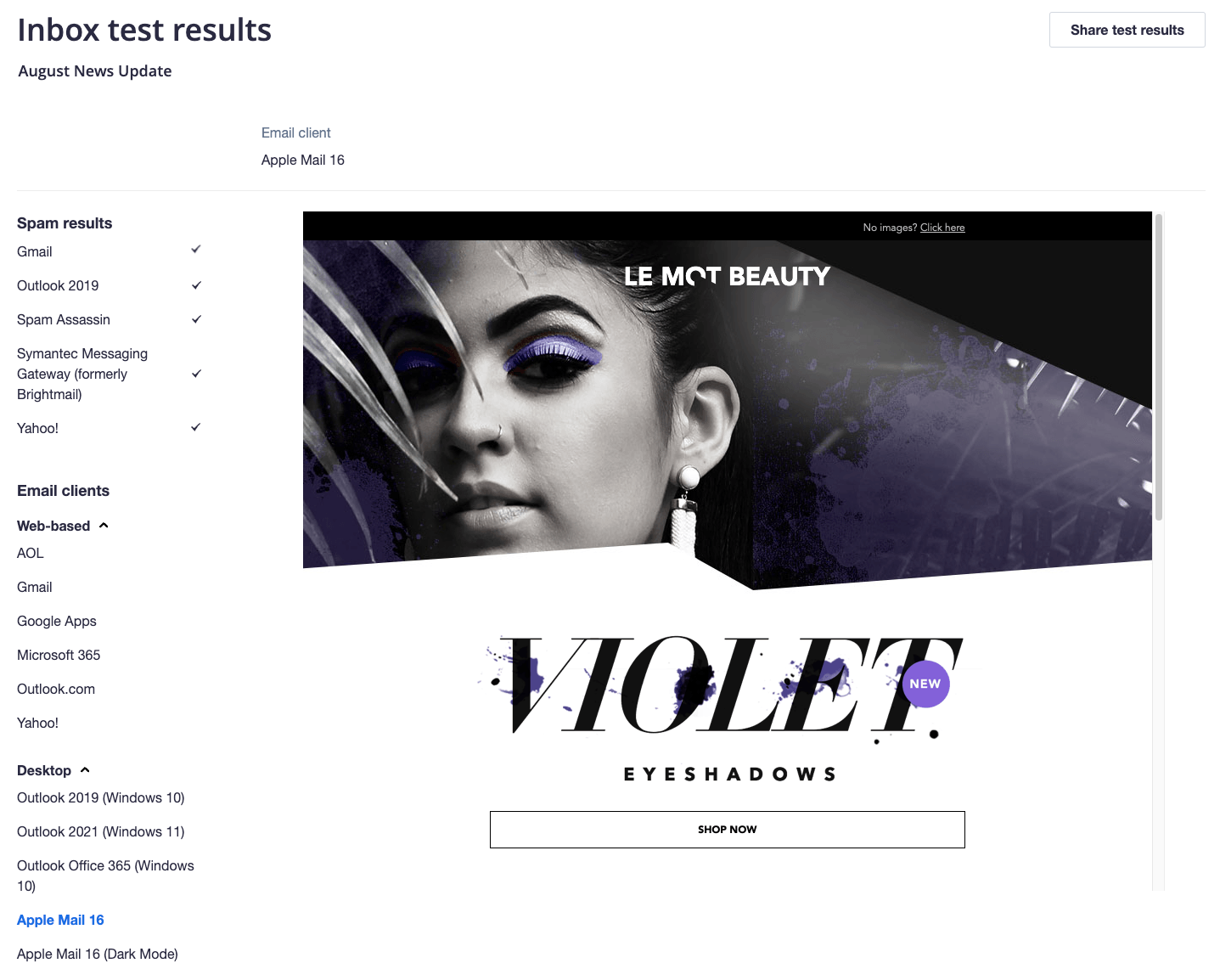 Inbox preview with the design and spam test